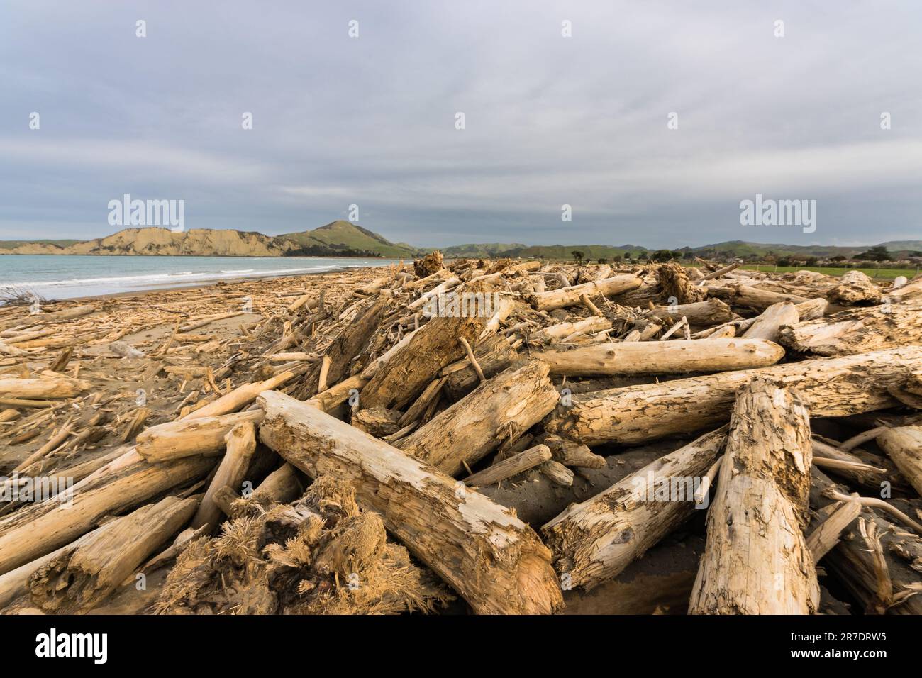 A large collection of wooden debris is seen scattered over the ...