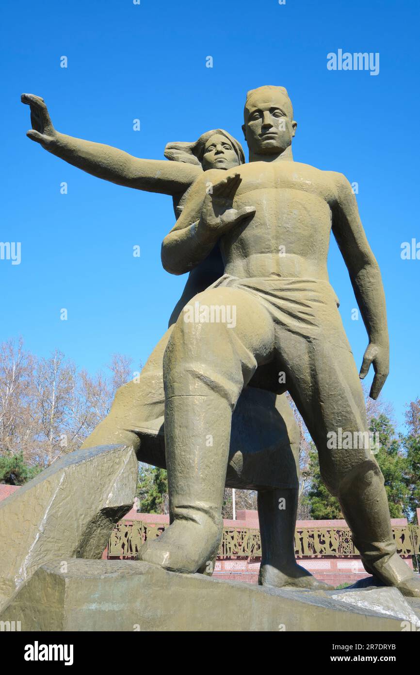 View of the large, bronze, socialist, brutalist style central sculpture ...