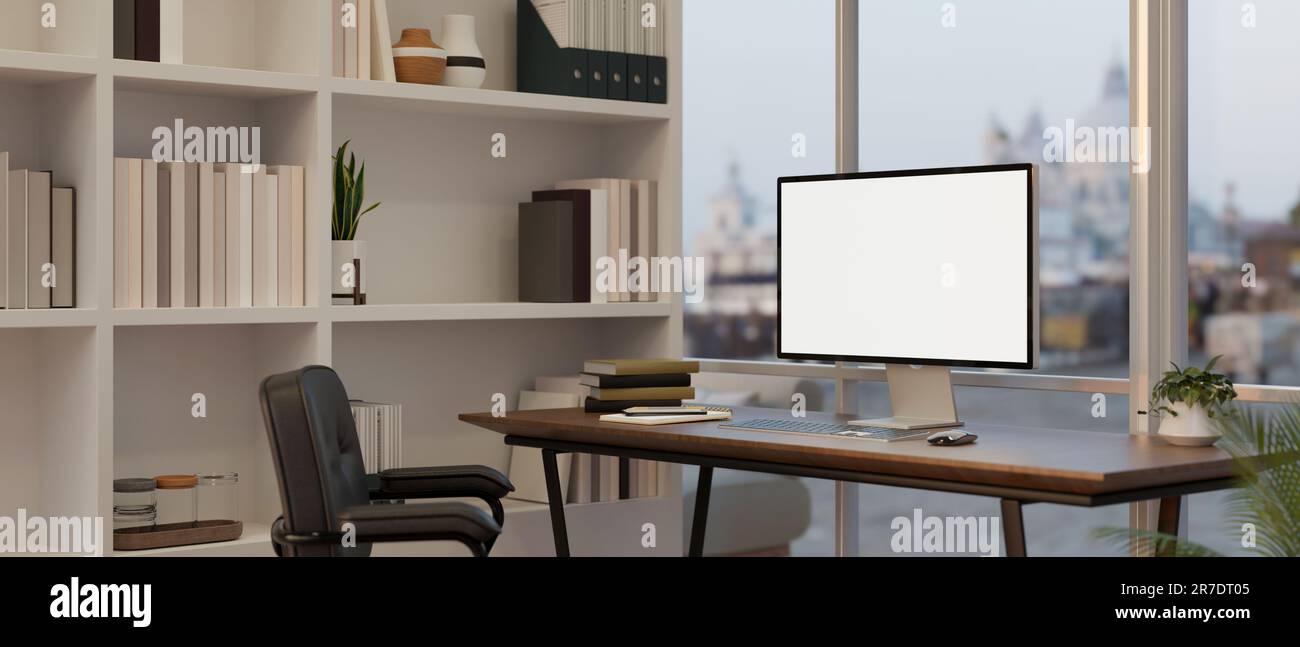 Interior design of a modern contemporary office with computer white ...