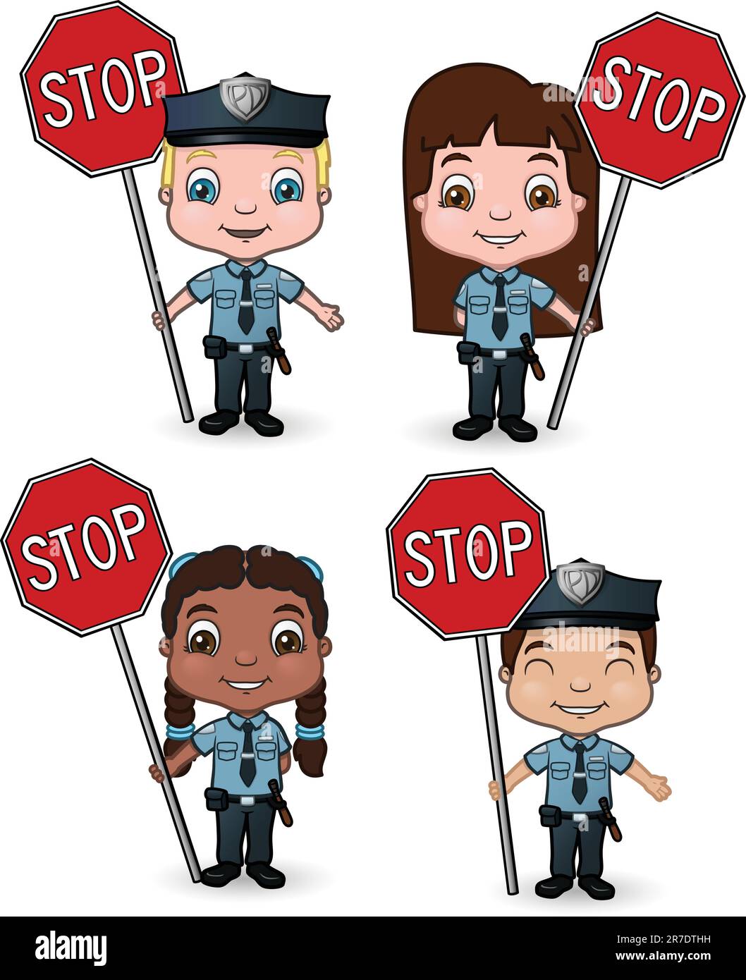 This is a vector illustration of children dressed as cops holding stop ...