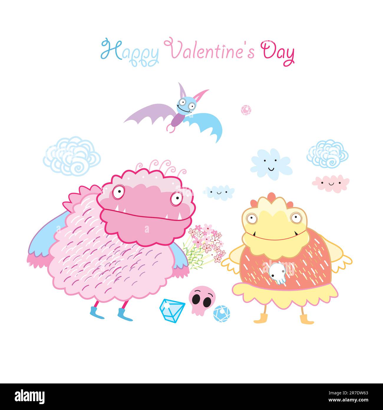 bright fun loving monsters on a white background with clouds and a bat ...