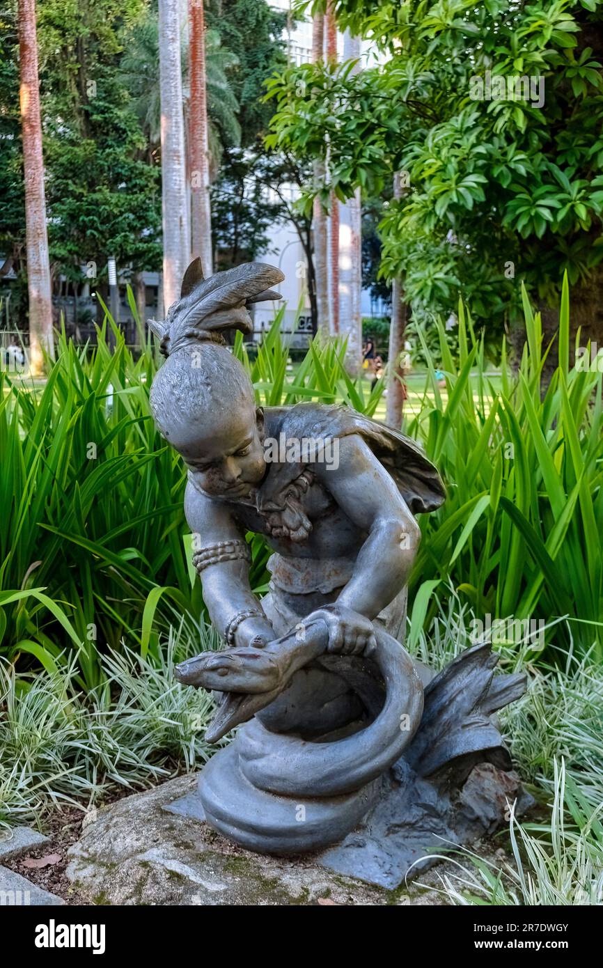 Rio de Janeiro, Brazil - June 8, 2023: A sculpture of a boy holding a ...