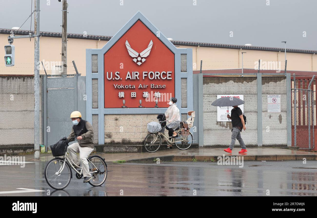 A picture shows the gate of U.S. Yokota Air Base in Tokyo on June 15 ...