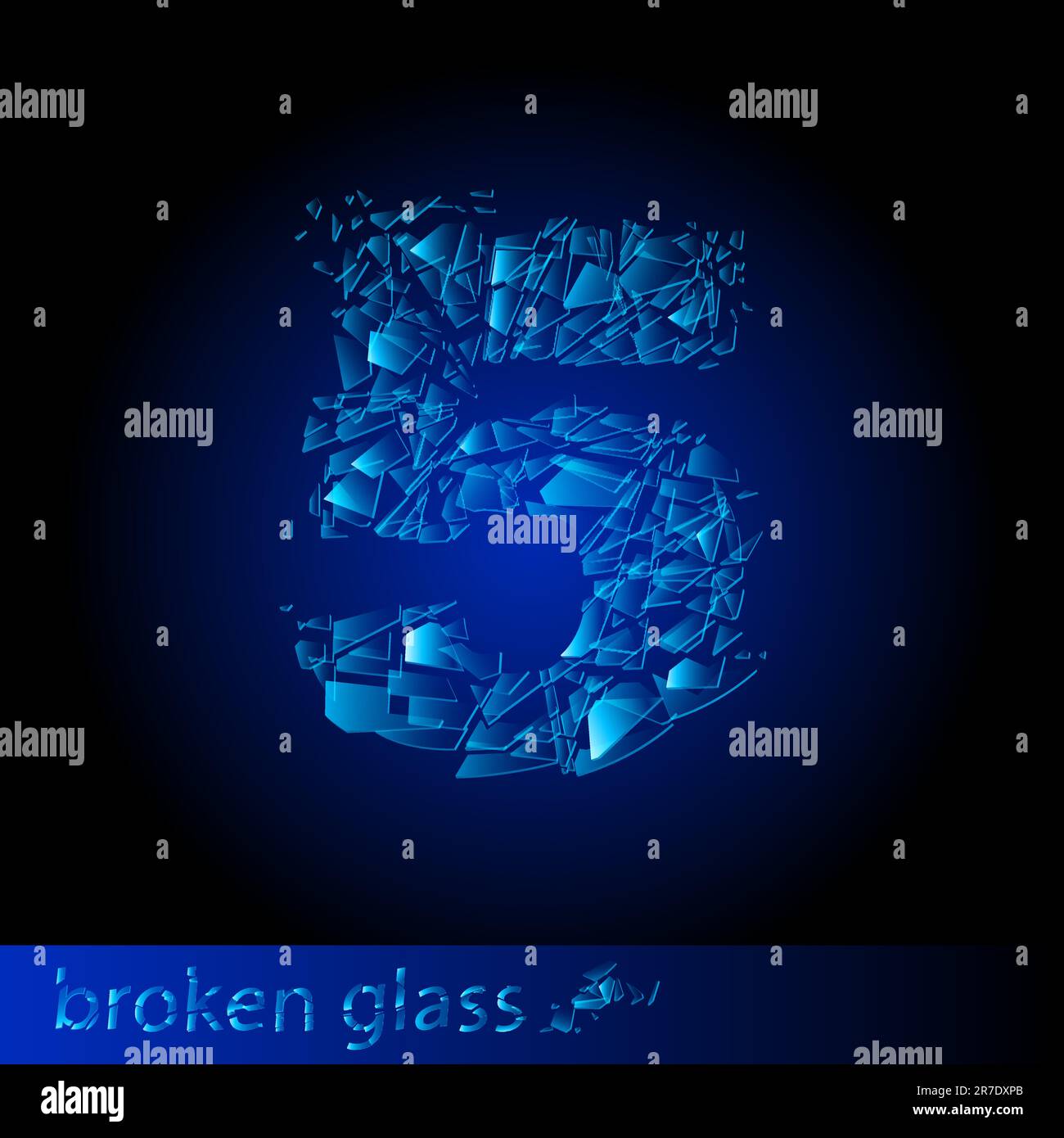 One symbol of broken glass - digit five. Illustration on black ...