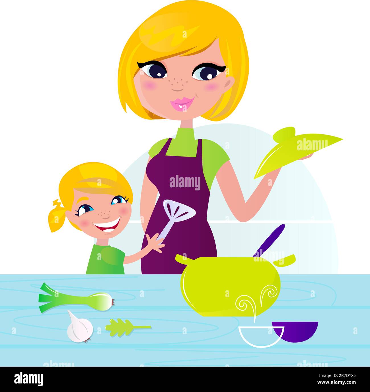 Mother and daughter cooking. Vector Illustration isolated on white ...