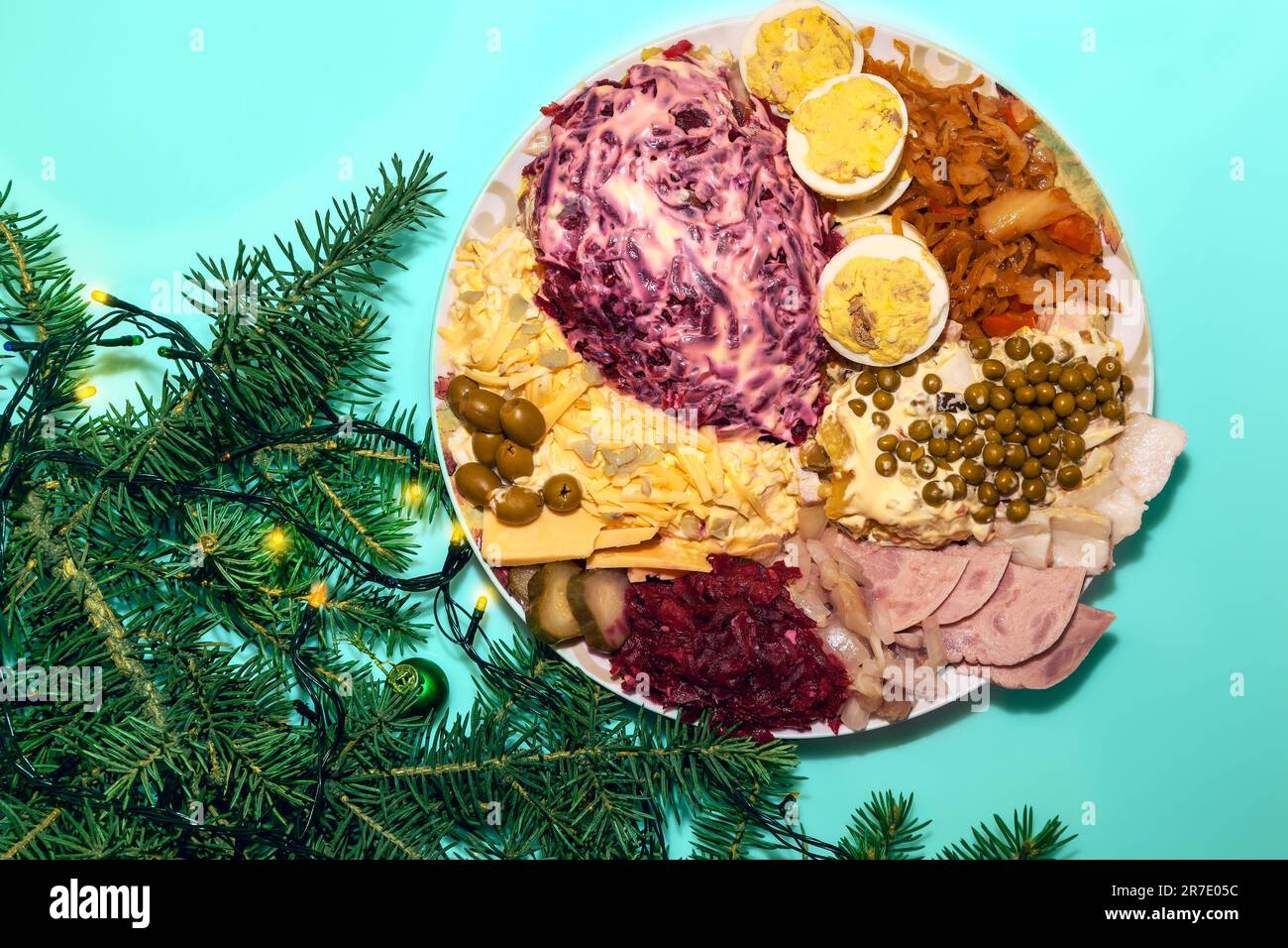 Festive Christmas dinner. Christmas and New Year composition with ...