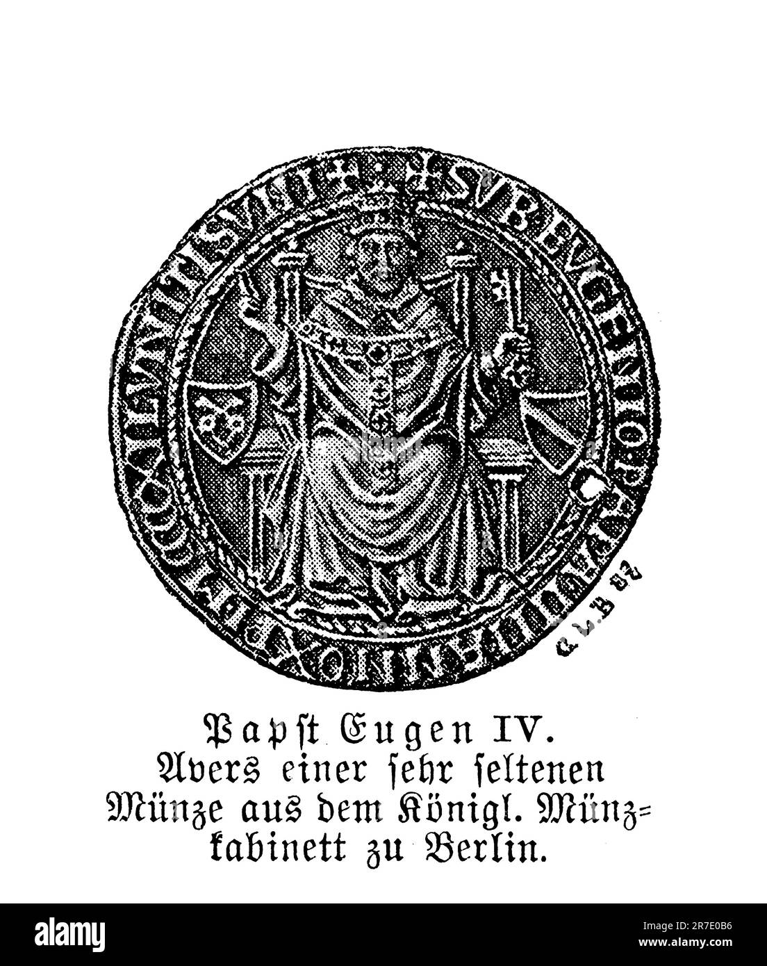 Coin with the portrait of Pope Eugene IV (15th century) on the throne ...