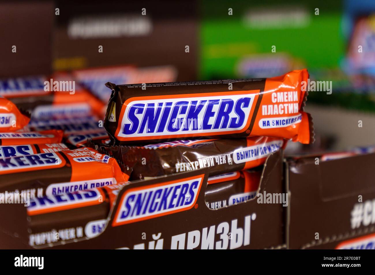 Tyumen, Russia-March 17, 2023: Snickers bar is a chocolate bar with ...