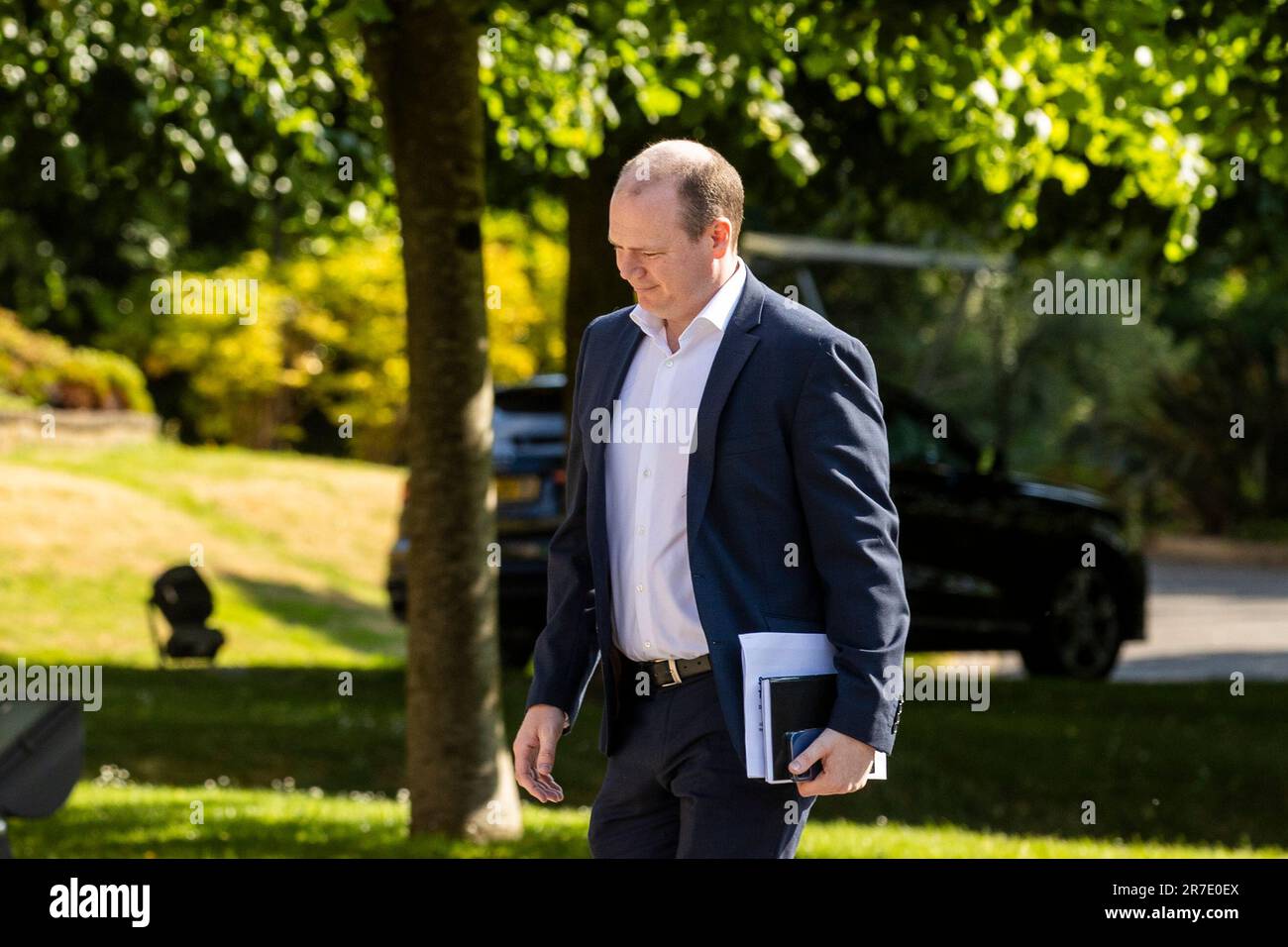 DUP's Gordon Lyons arriving at Stormont Castle, in Belfast, to meet the ...