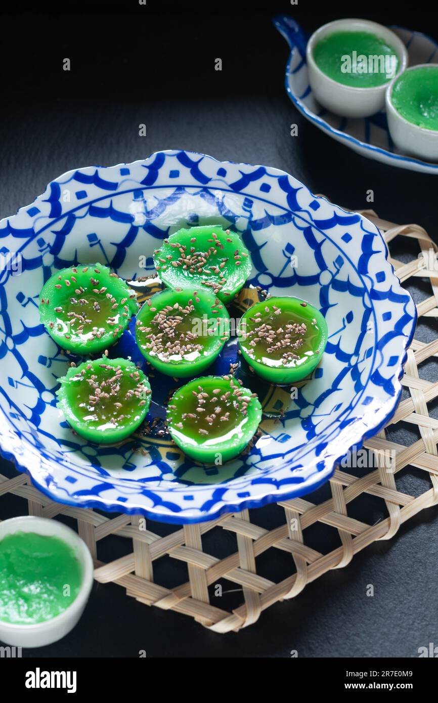 Asian food concept Thai alkaline pandan rice cake in thai pattern ...