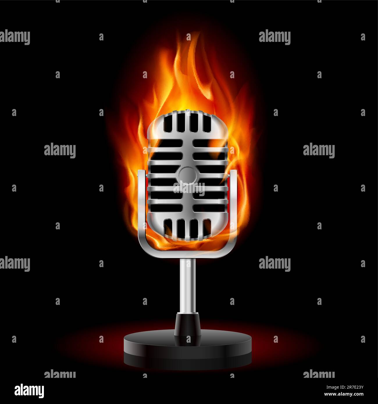 Old Microphone in Fire. Illustration on black background Stock Vector ...
