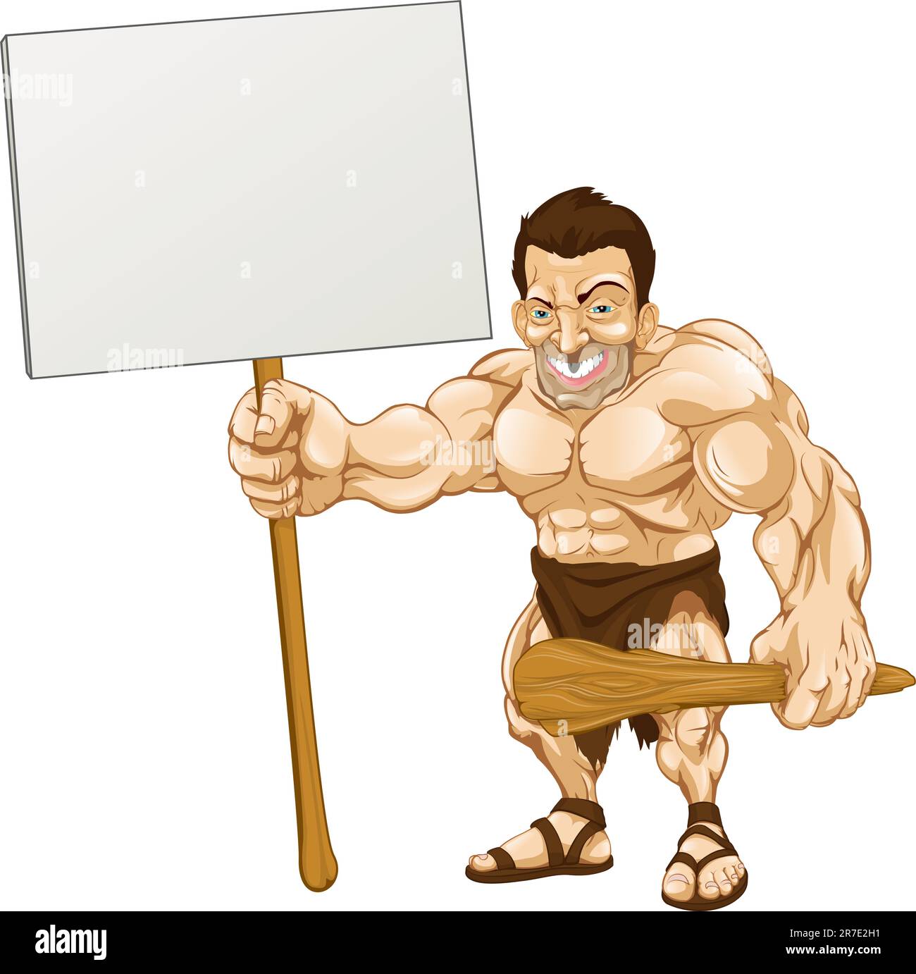 A cartoon illustration of a muscular caveman holding a sign Stock ...