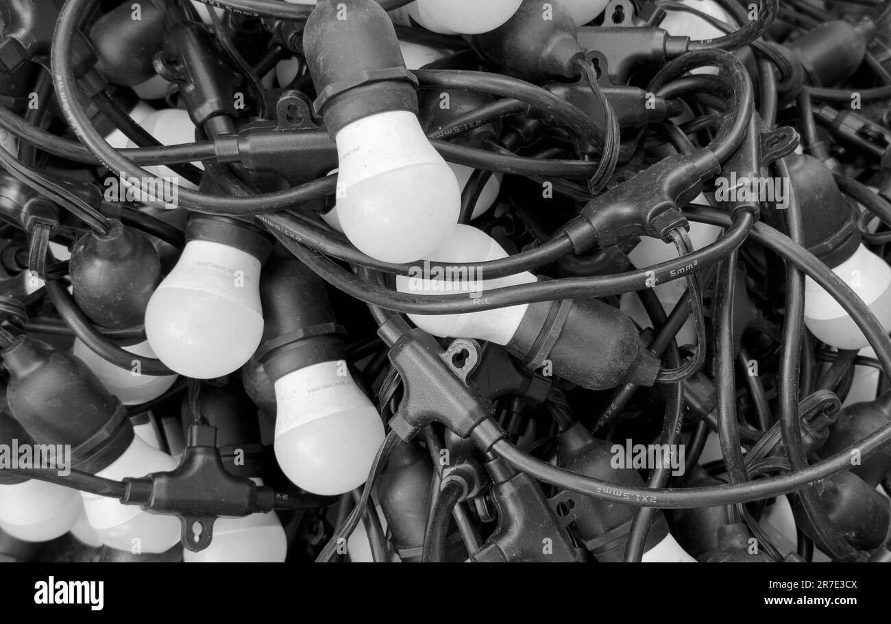 Lots of round LED lights with wires. Wired bulbs texture background ...