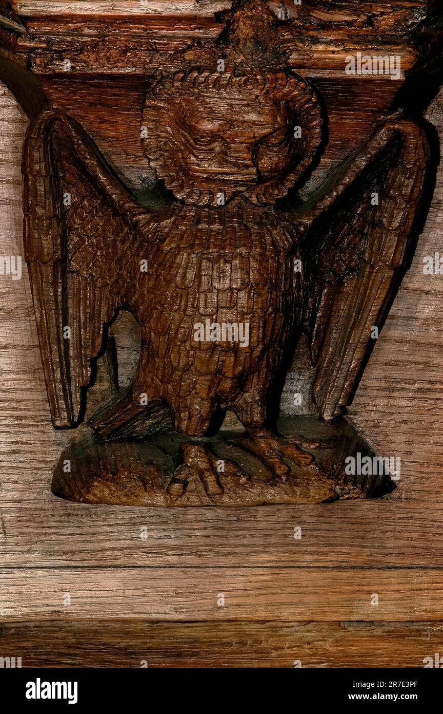 Bird with human face and angel-like wings, carved as a wooden ...
