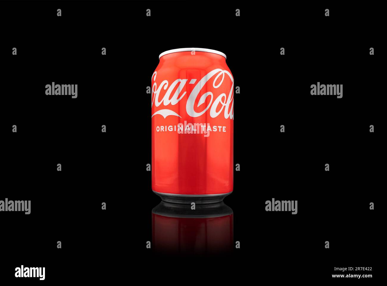 Yerevan, Armenia, June 8, 2023: Coca Cola logo on can. Redglass ...