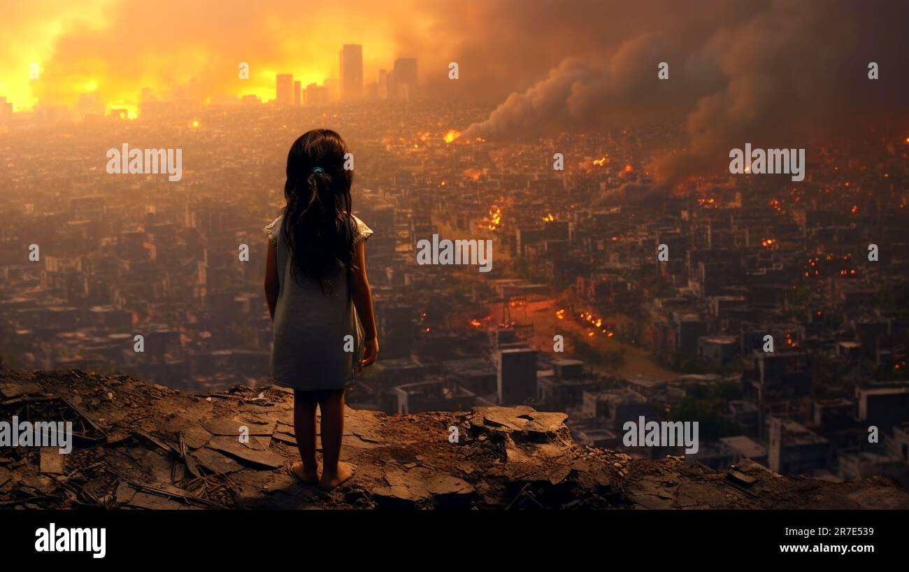 Child in the ruins of his house destroyed by the war. Peace concept ...