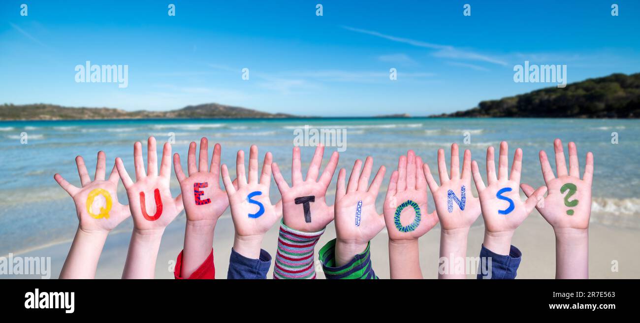 Children Hands Building Word Questions, Sea And Ocean Background Stock ...