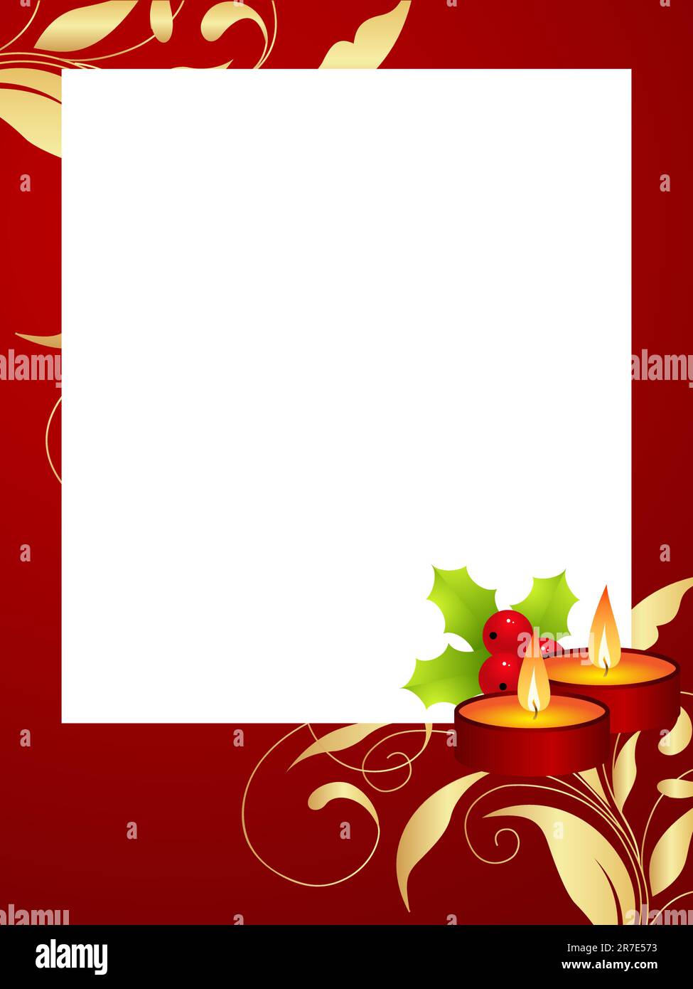 Red decorative christmas frame with pattern, candles, christmas balls ...