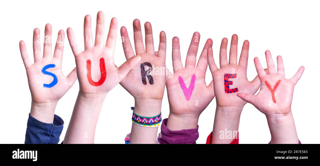 Children Hands Building Word Survey, White Background Stock Photo - Alamy
