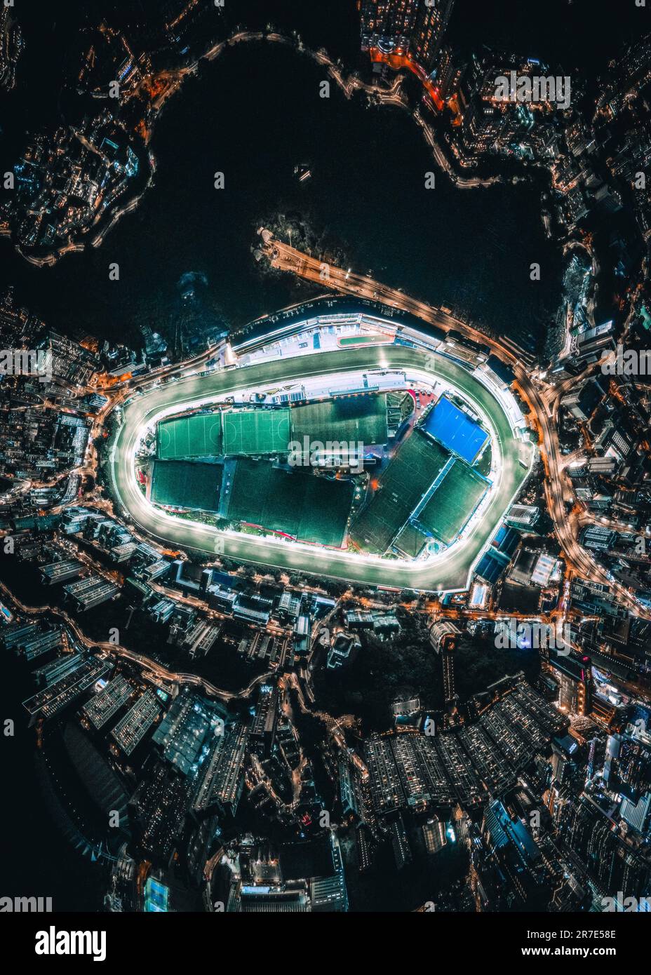 An aerial view of the illuminated Happy Valley Racecourse in Hong Kong ...
