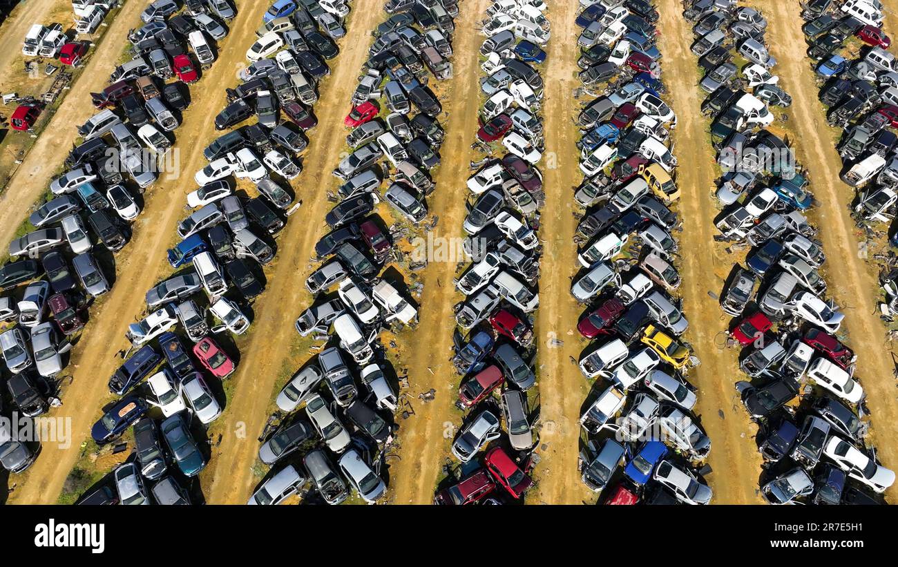 Aerial view parking lot damaged cars aftermath of accidents. Recycling ...