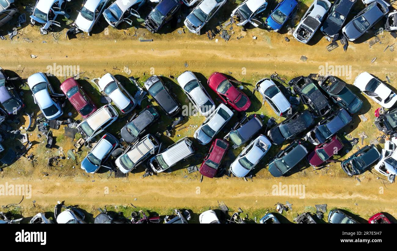 Aerial view parking lot damaged cars aftermath of accidents Stock Photo ...