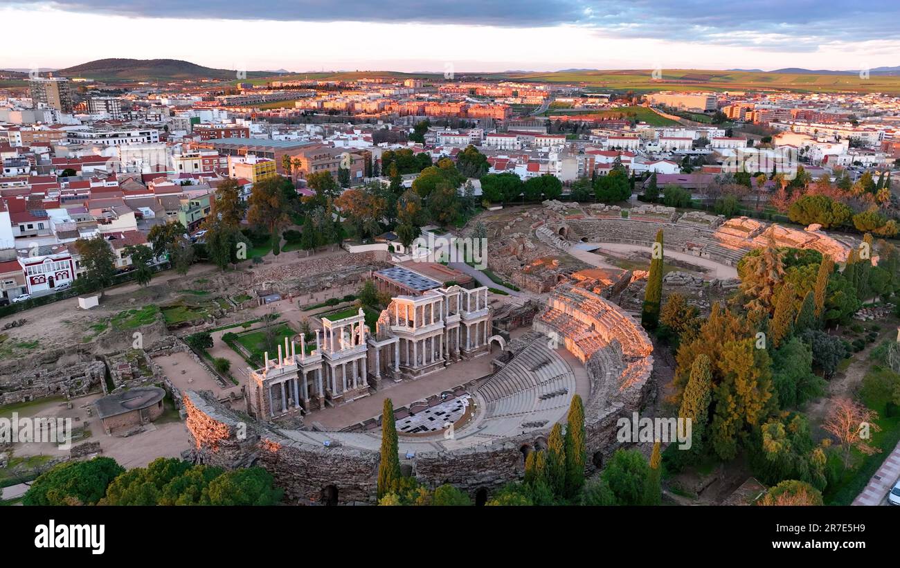aerial view of old Roman Theatre of Merida spanish cultural icon ...