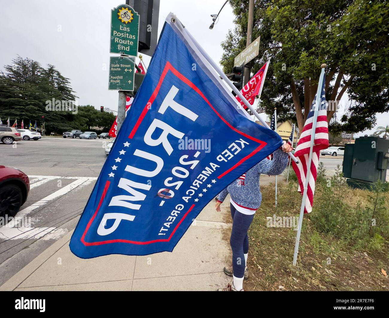 June 14, 2023, Santa Barbara, California, U.S.A: Flag waiving Trump ...