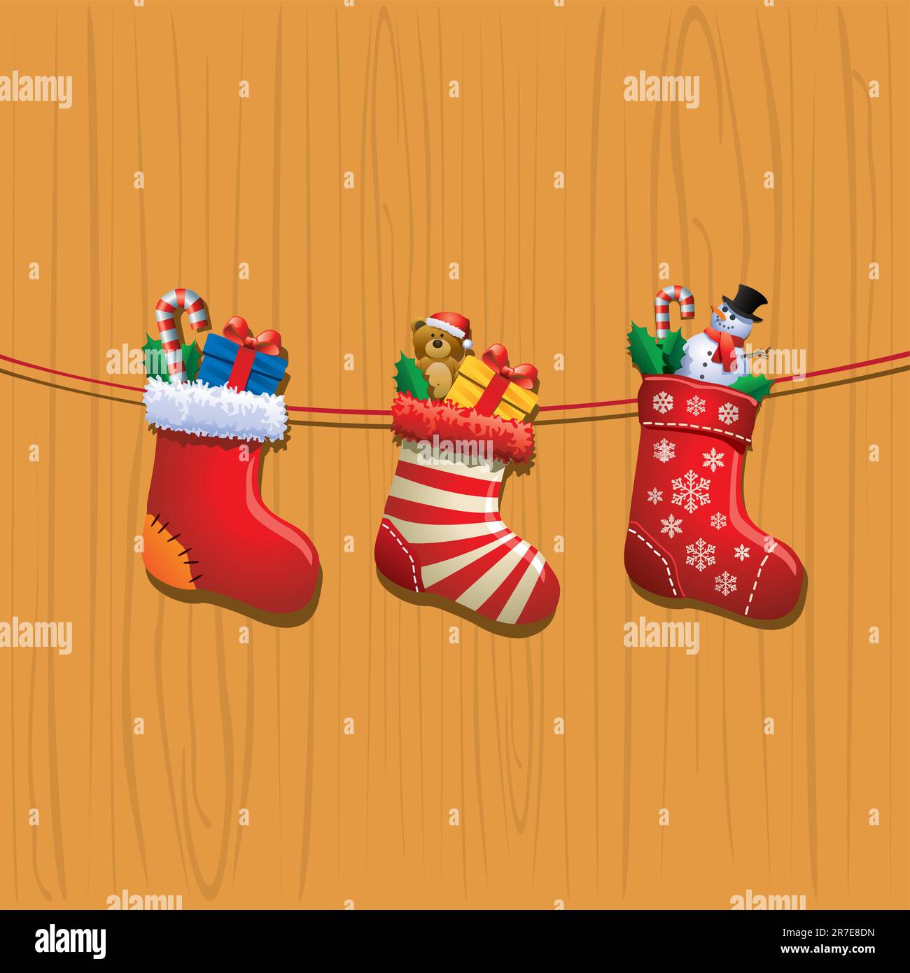 Vector illustration of Christmas stockings on wooden background Stock ...