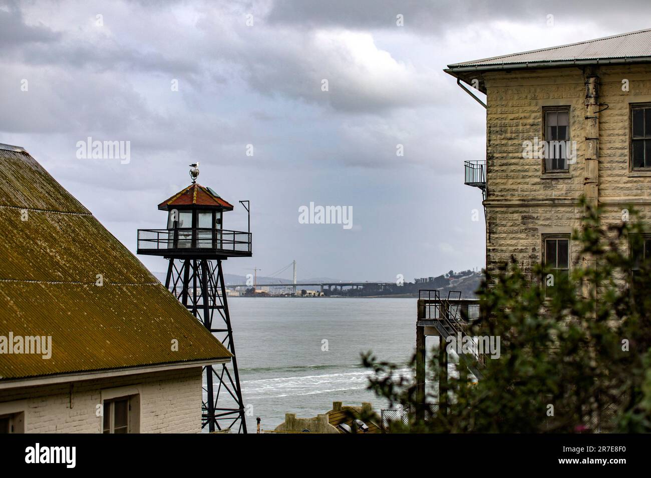 Watchtower of the federal prison on Alcatraz Island in the middle of ...