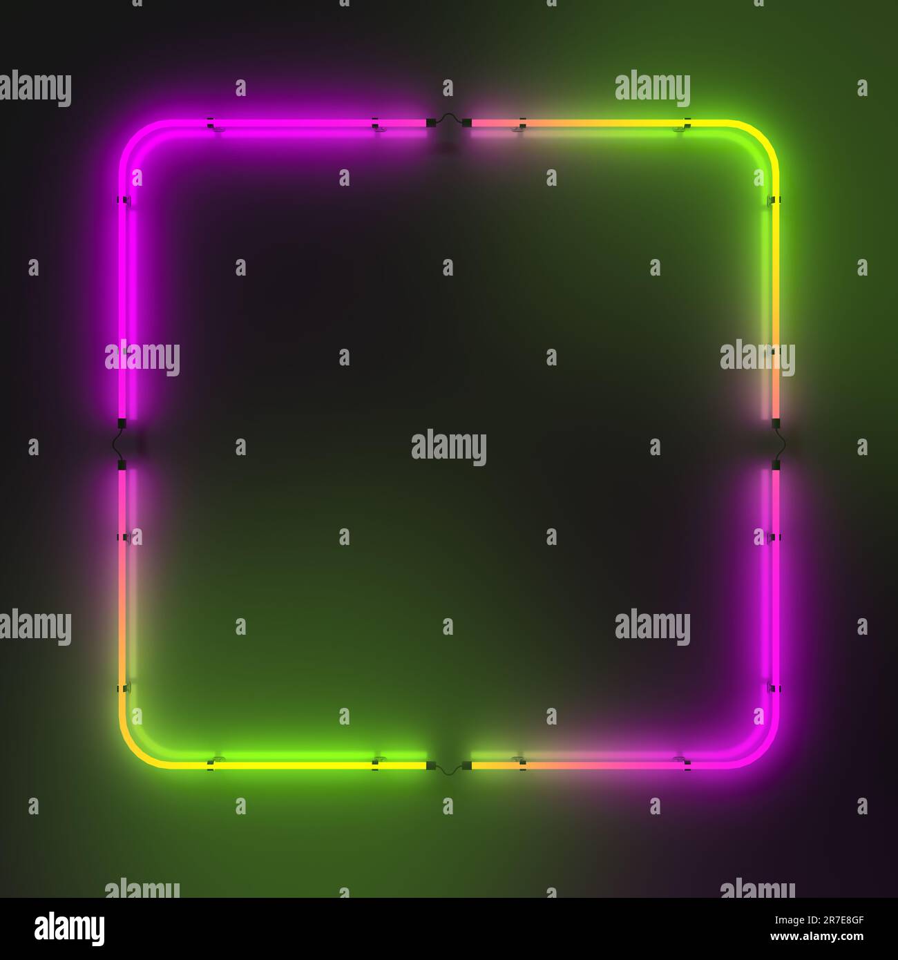 Square glowing neon frame on dark wall. Multicolored gradient glow. 3d ...