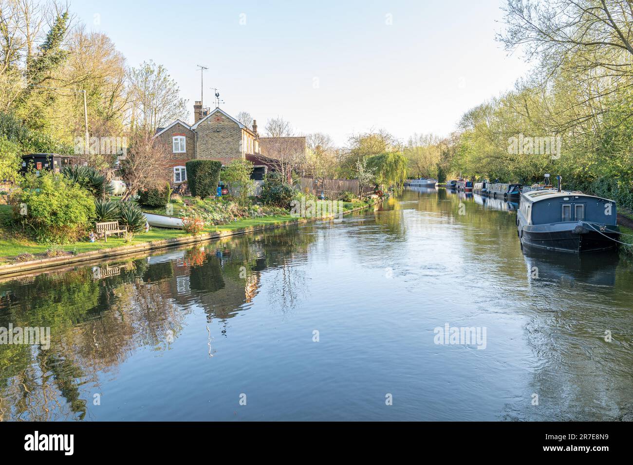 Canal boats moored on the Grand Union Canal, Rickmansworth, England ...