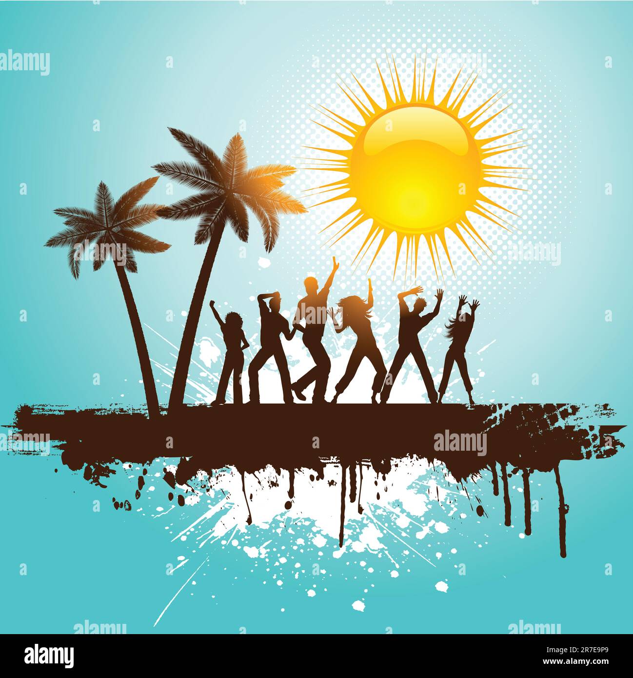 Silhouettes of people dancing on a tropical grunge background Stock ...