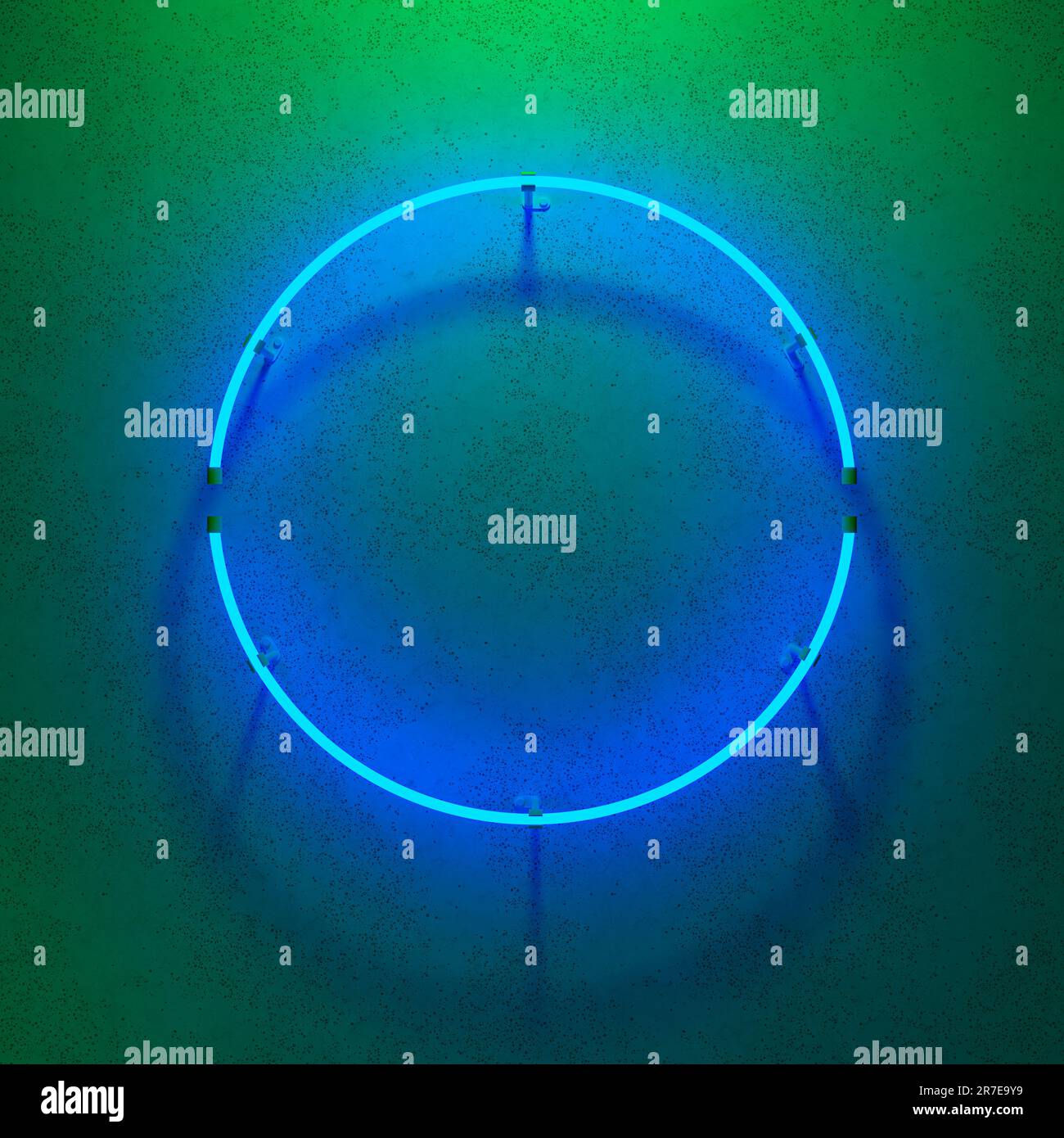 Bright blue glowing neon round sign on dark green wall background. 3d ...