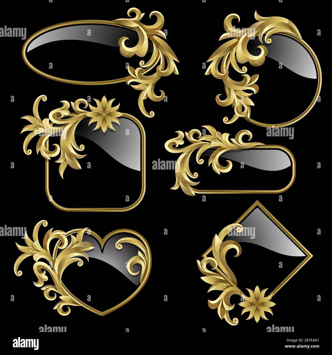 Set from gold frames with gold plants on the black background Stock ...
