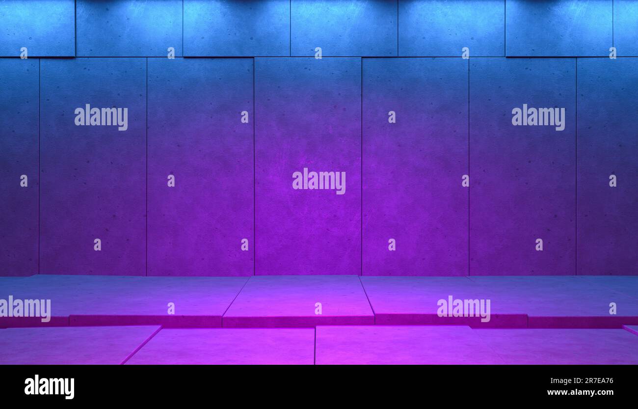 Colorful spots of neon light on the surface of concrete slabs, empty ...