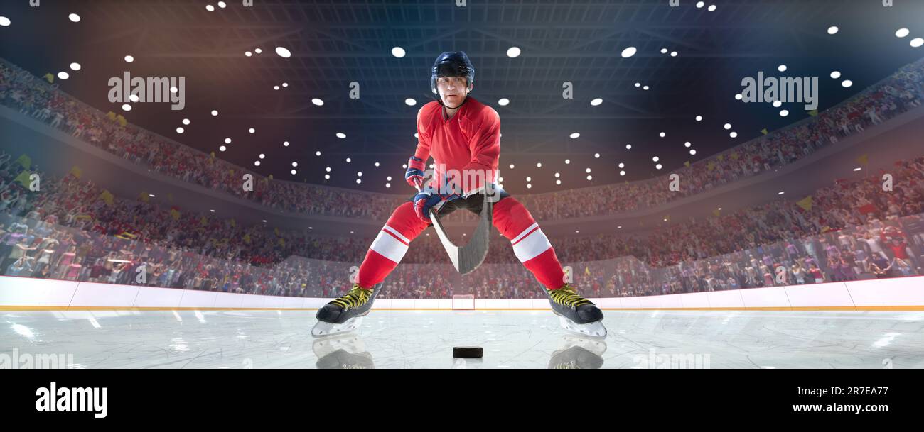 Man, professional hockey player in uniform, helmet standing on 3D ice ...
