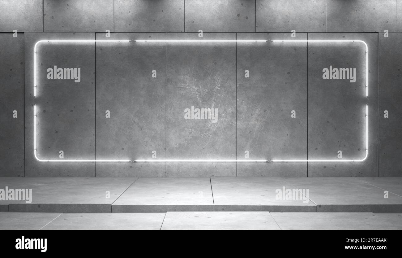 Modern futuristic abstract stage with white neon glowing rectangle on ...