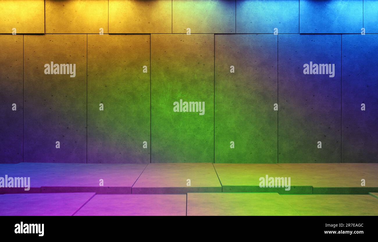 Colorful neon lights on concrete slabs, empty background scene, 3d ...