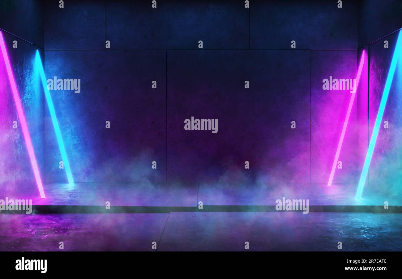 Rough concrete walls and floor, neon lights, smoke, glow. Empty dark ...