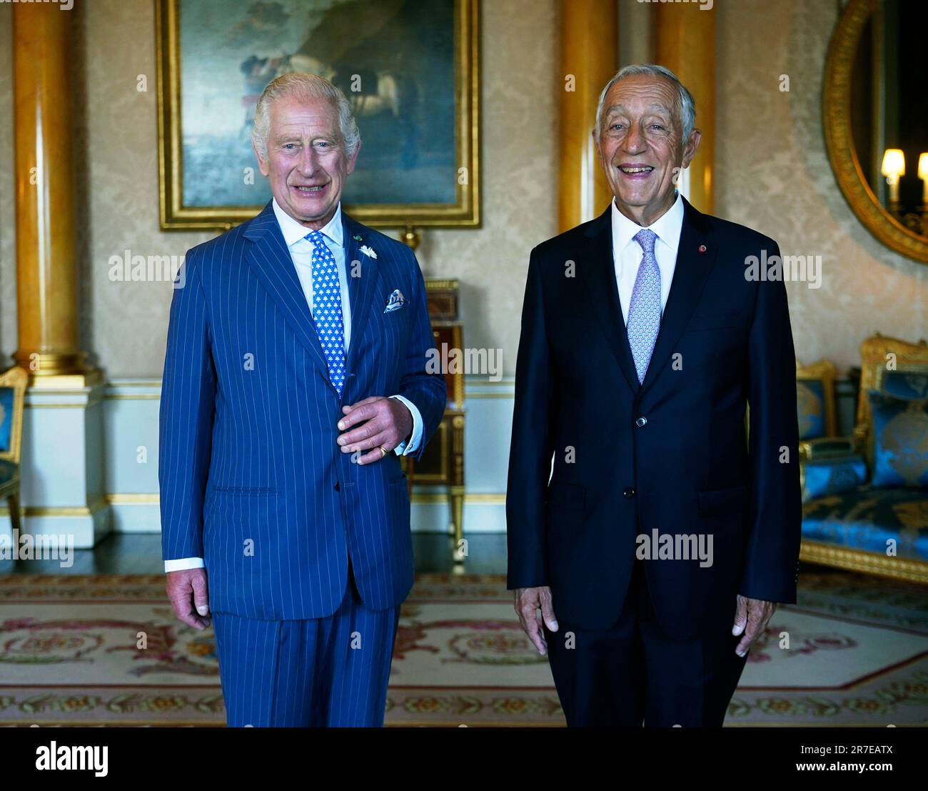Britain's King Charles III, left, receives the President of Portugal ...