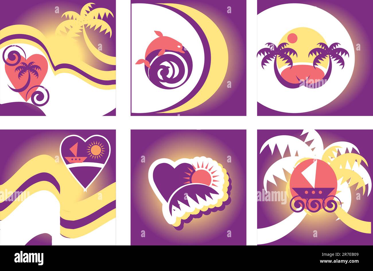 Set of six colorful Tropical Background, cards with beach emblems Stock ...