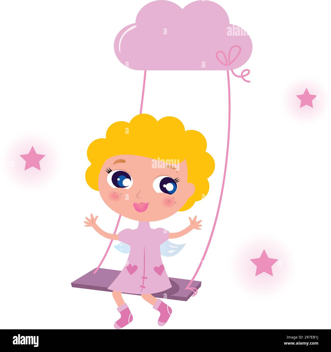 Blond cute angel swinging on sky with stars. Vector cartoon ...
