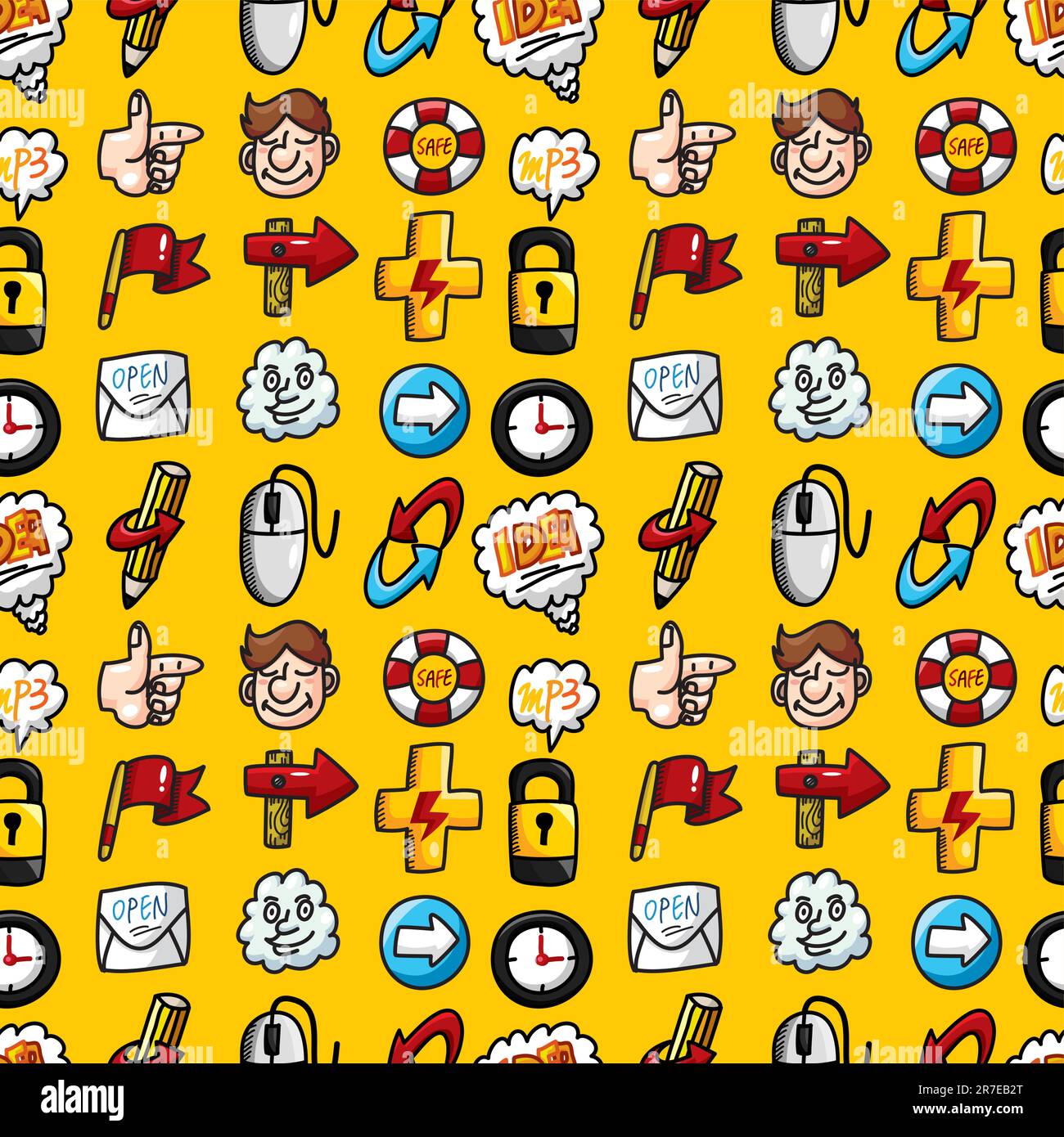 cartoon hand draw web icons seamless pattern with yellow background ...