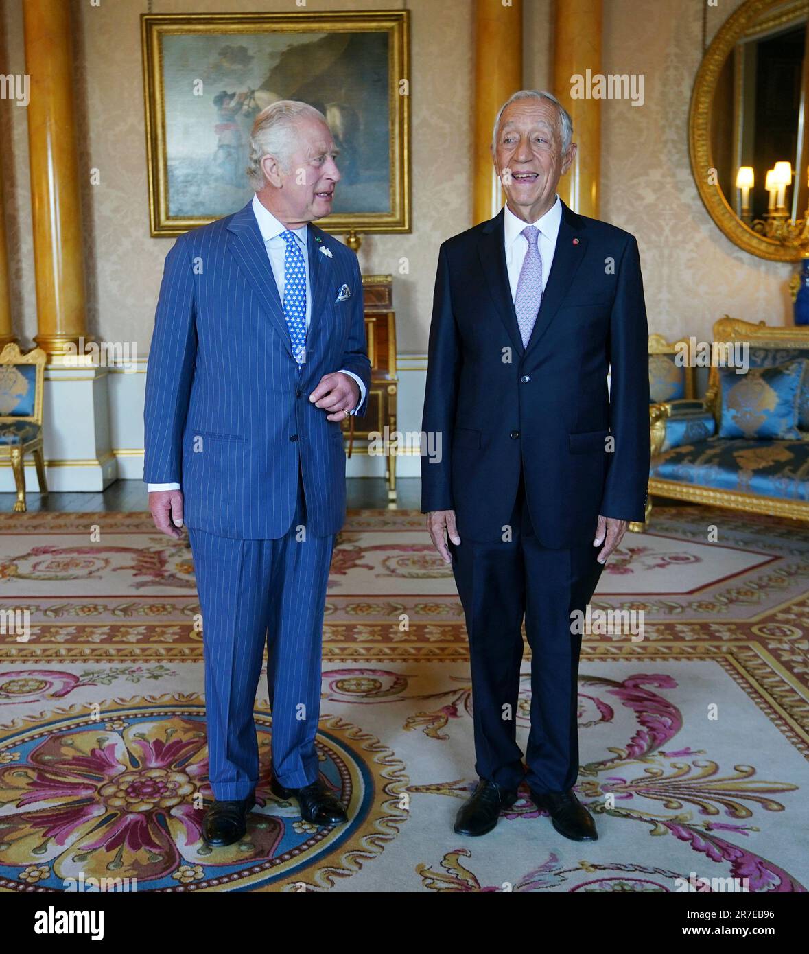 Britain's King Charles III, left, receives the President of Portugal ...