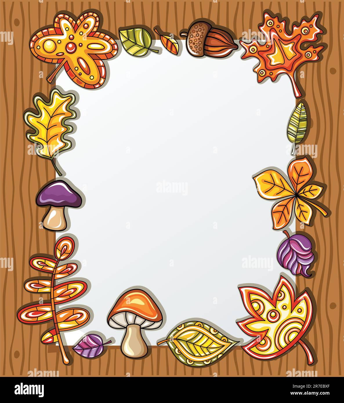 Vector frame with autumnal nature symbols on wooden background, with ...