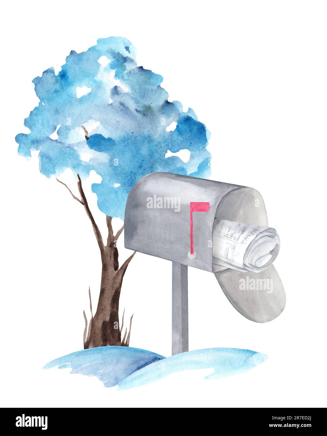 Watercolor illustration of a mailbox. Cozy winter corner of the garden ...