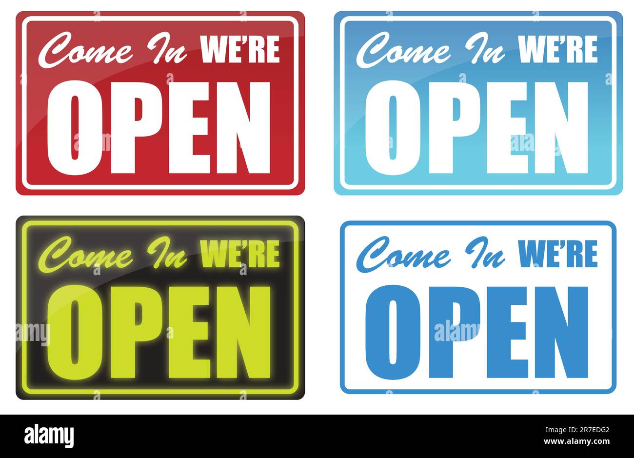 Various Come In We're Open sign. neon, blue, red Stock Vector Image ...