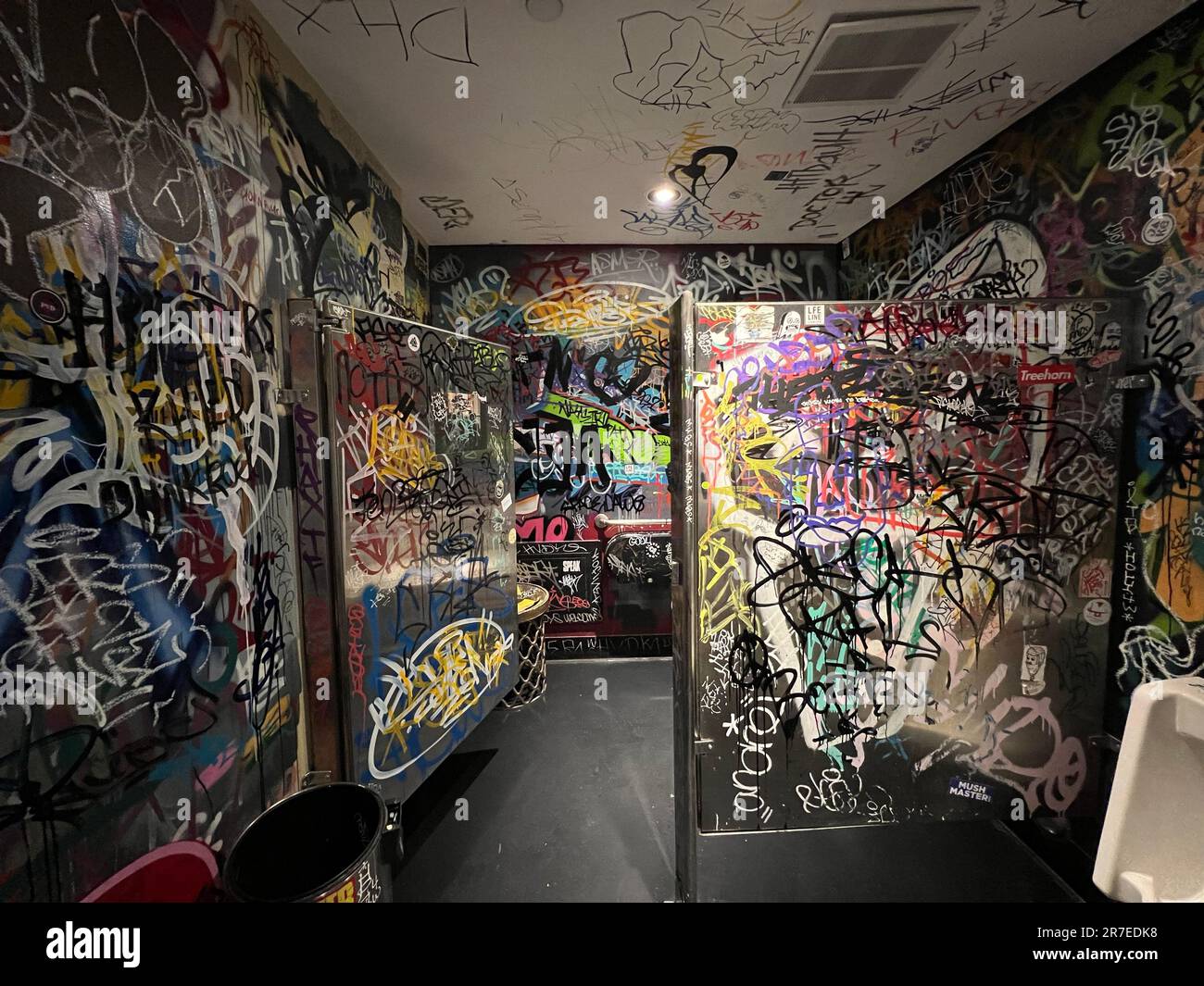 A modern bathroom featuring a grey tile floor and vibrant graffiti art ...