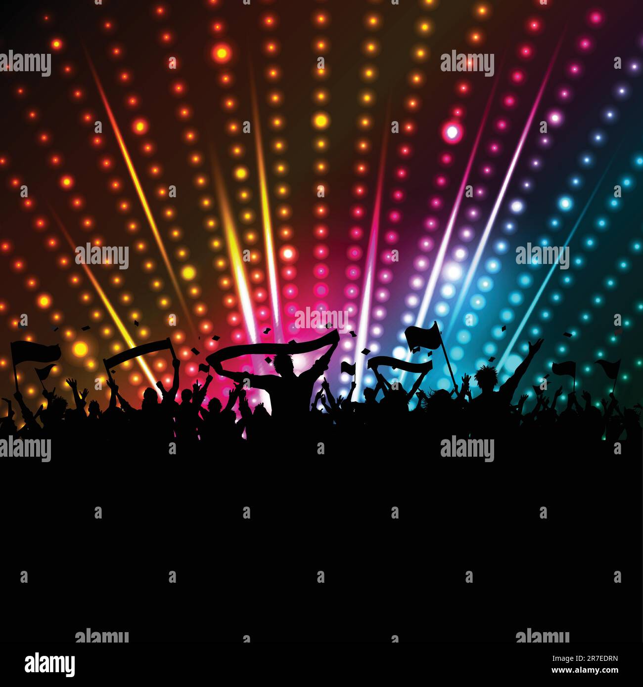 Silhouette of a crowd with banners and flags on a disco lights ...